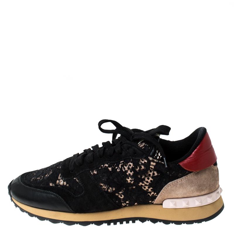 Valentino Multicolor Suede Leather And Macramé Lace Rockrunner Sneakers ...