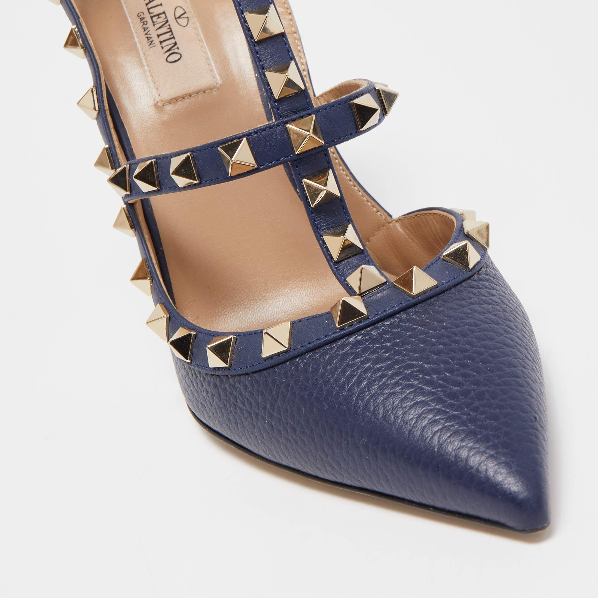 Valentino Navy Blue Leather Rockstud Ankle Strap Pumps Size 39 at ...