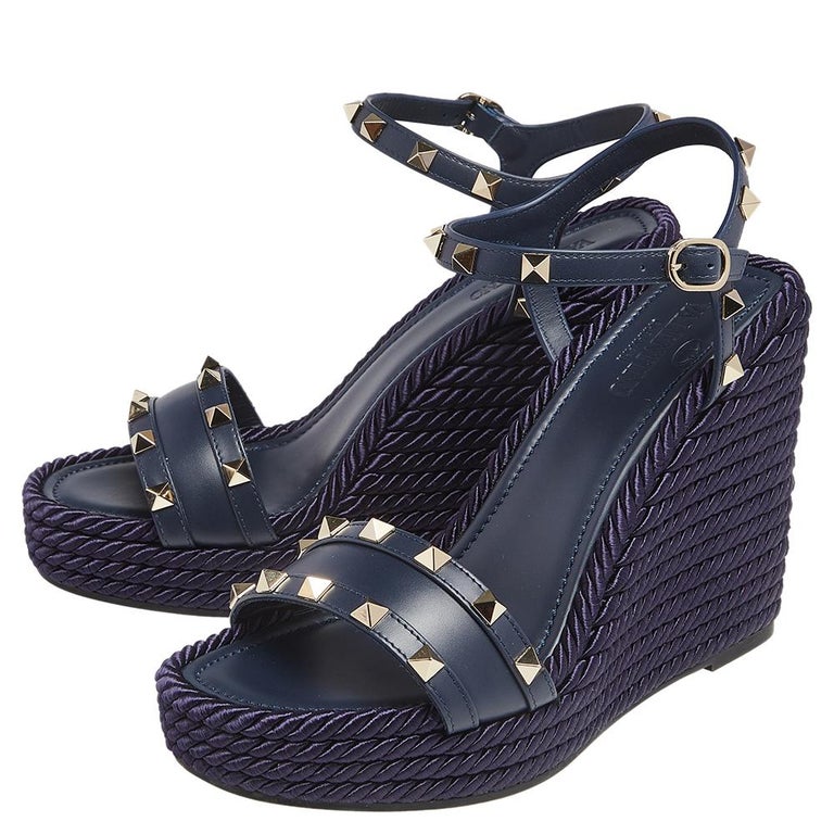 Valentino Navy Blue Leather Rockstud Torchon Platform Wedge Sandals 38 ...