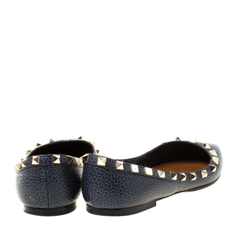 Valentino Navy Blue Textured Leather Rockstud Pointed Toe Ballet Flats ...