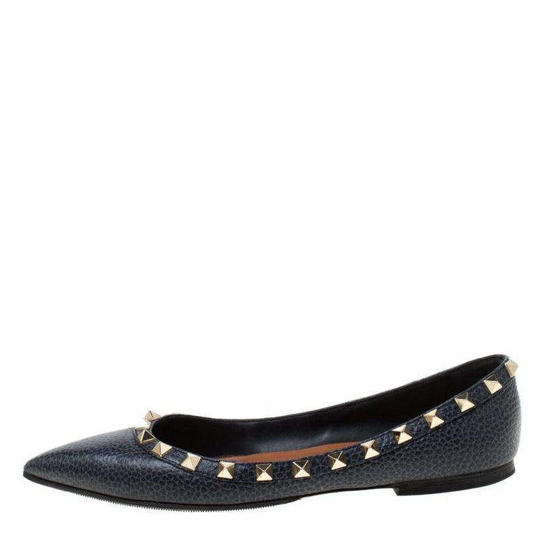 Valentino Navy Blue Textured Leather Rockstud Pointed Toe Ballet Flats ...