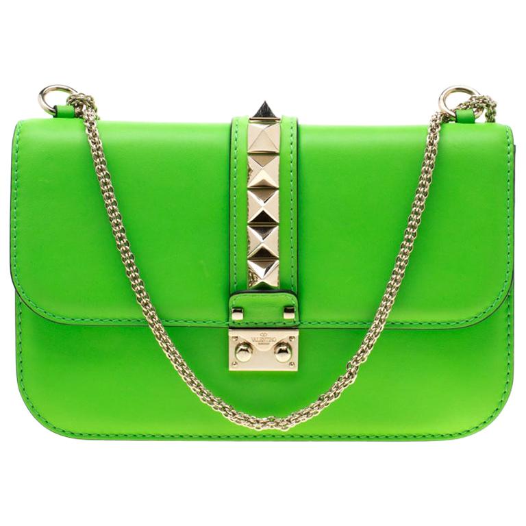 Valentino Neon Green Leather Rockstud Medium Glam Lock Flap Bag at ...