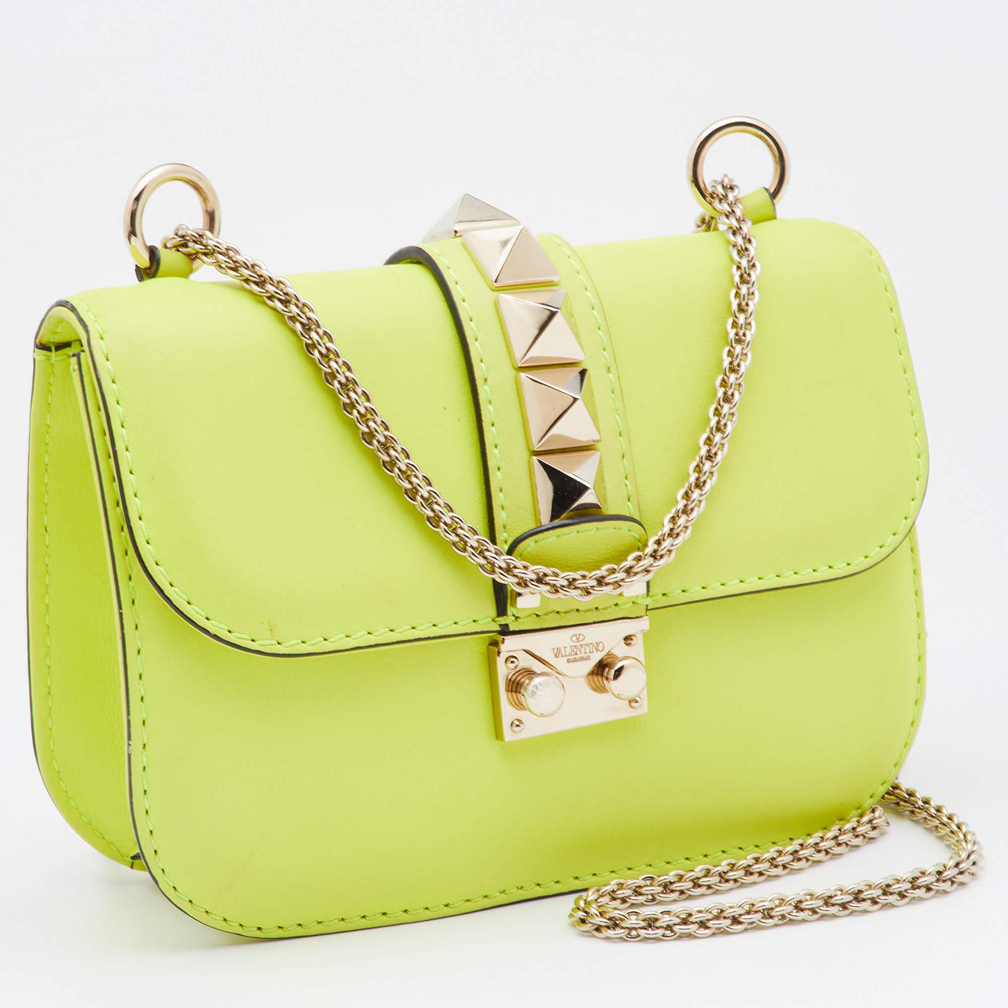 Valentino Neon Green Leather Small Rockstud Glam Lock Flap Bag For Sale ...