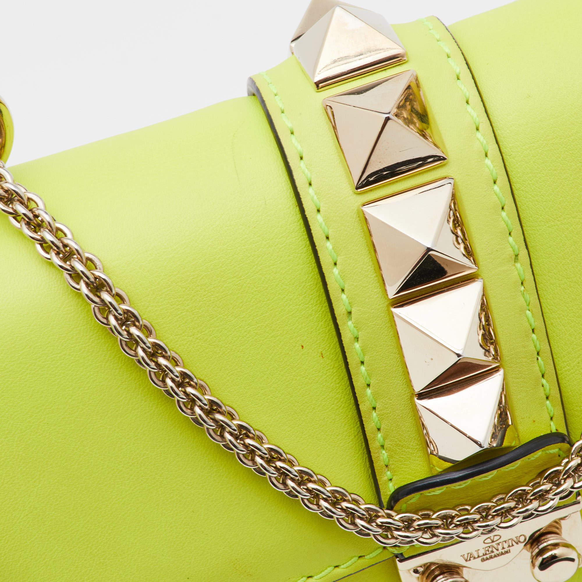 Valentino Neon Green Leather Small Rockstud Glam Lock Flap Bag For Sale ...