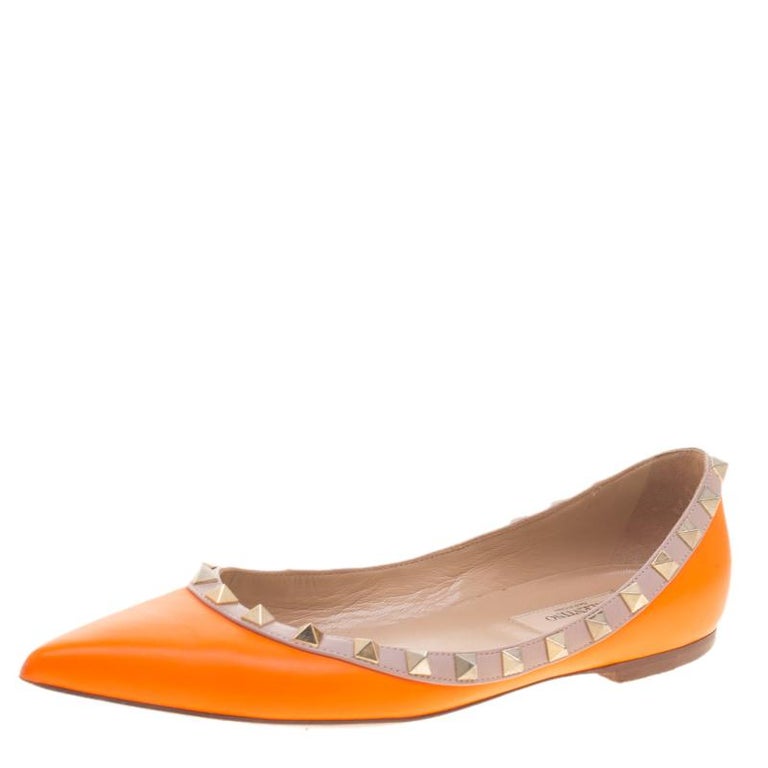Valentino Neon Orange Leather Rockstud Pointed Toe Ballet Flats Size 36 ...