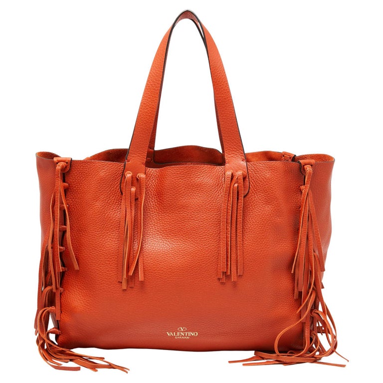 Valentino Orange Pebbled Leather Fringe C-Rockee Tote For Sale at 1stDibs
