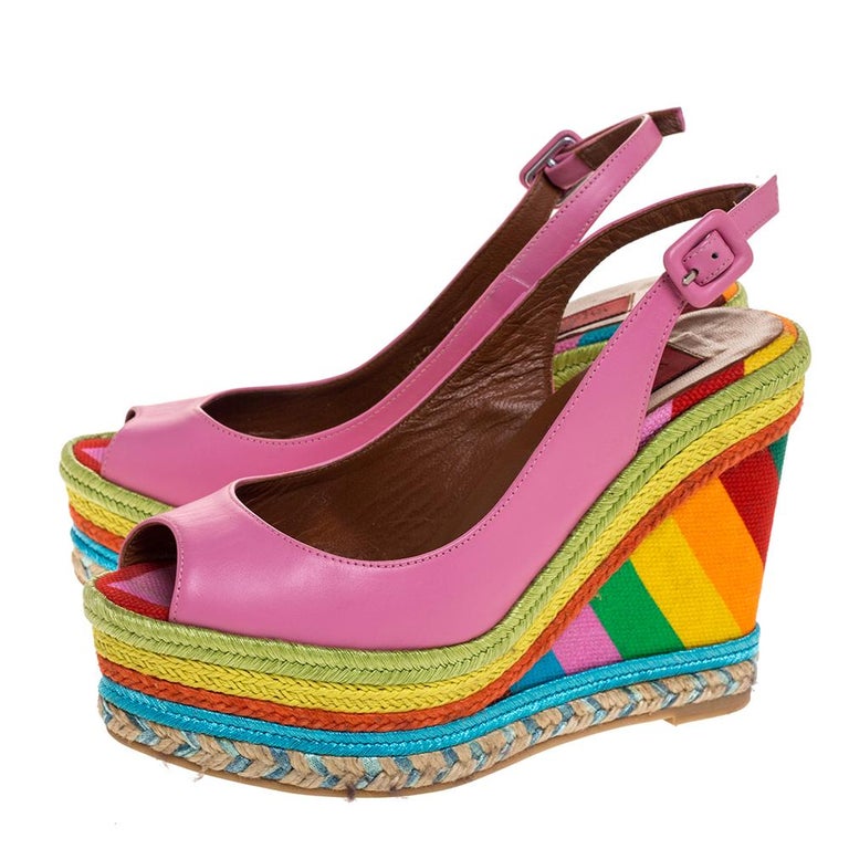 Valentino Pink Leather Multicolor Wedge 1973 Espadrille Sandals Size 36 ...