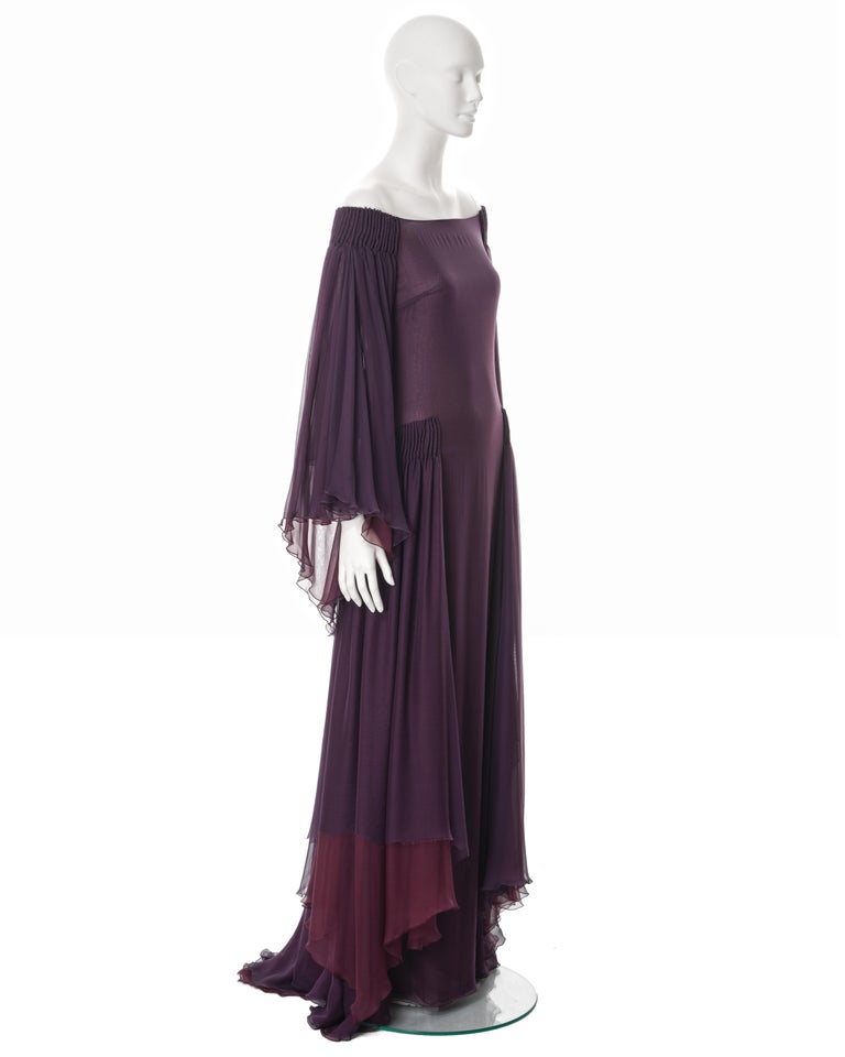 Valentino plum silk angel-sleeve evening dress, fw 2002 For Sale at 1stDibs