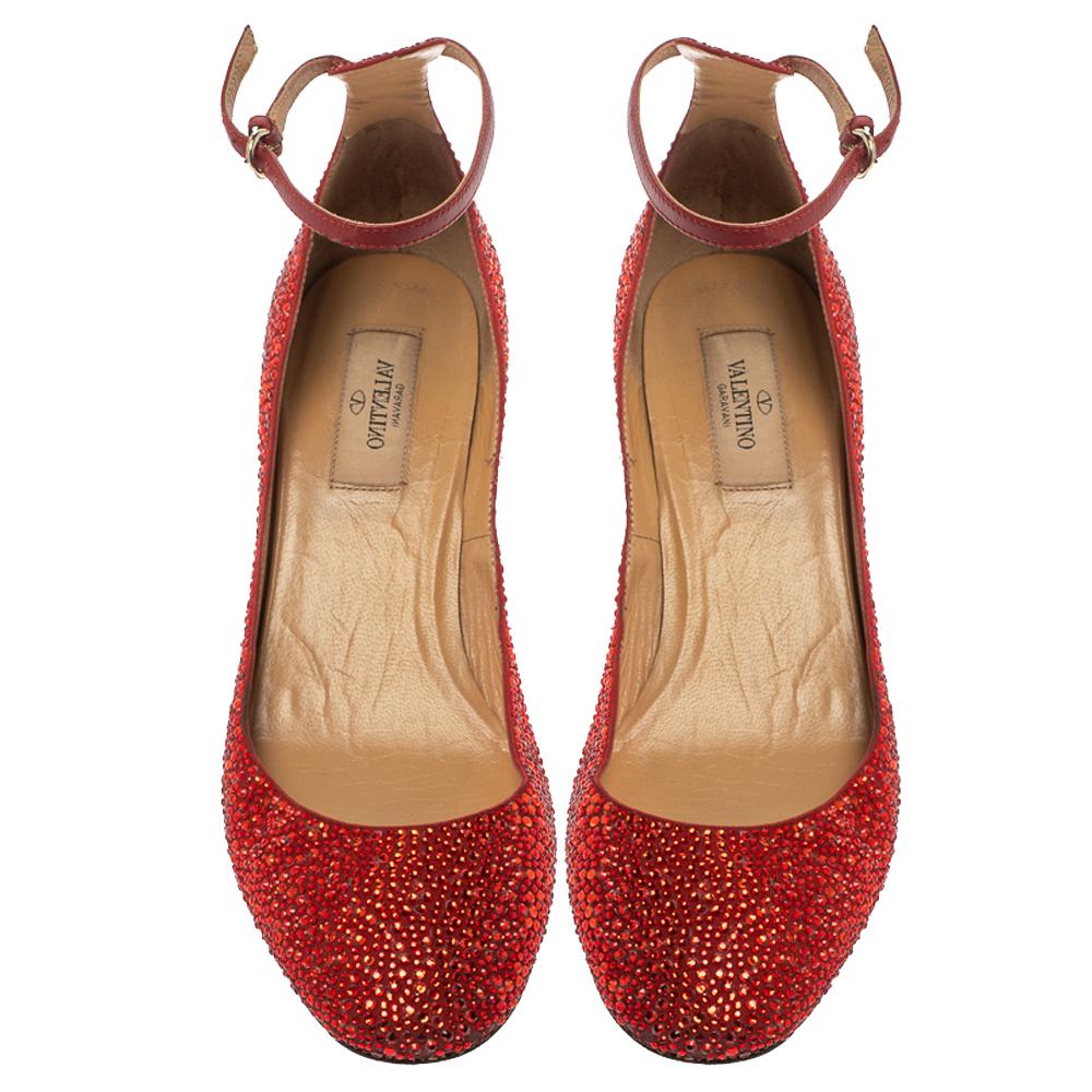 Valentino Red Crystal Embellished Suede Block Heel Ankle Strap Pumps ...