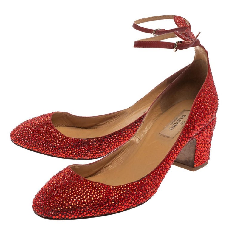 Valentino Red Crystal Embellished Suede Block Heel Ankle Strap Pumps ...