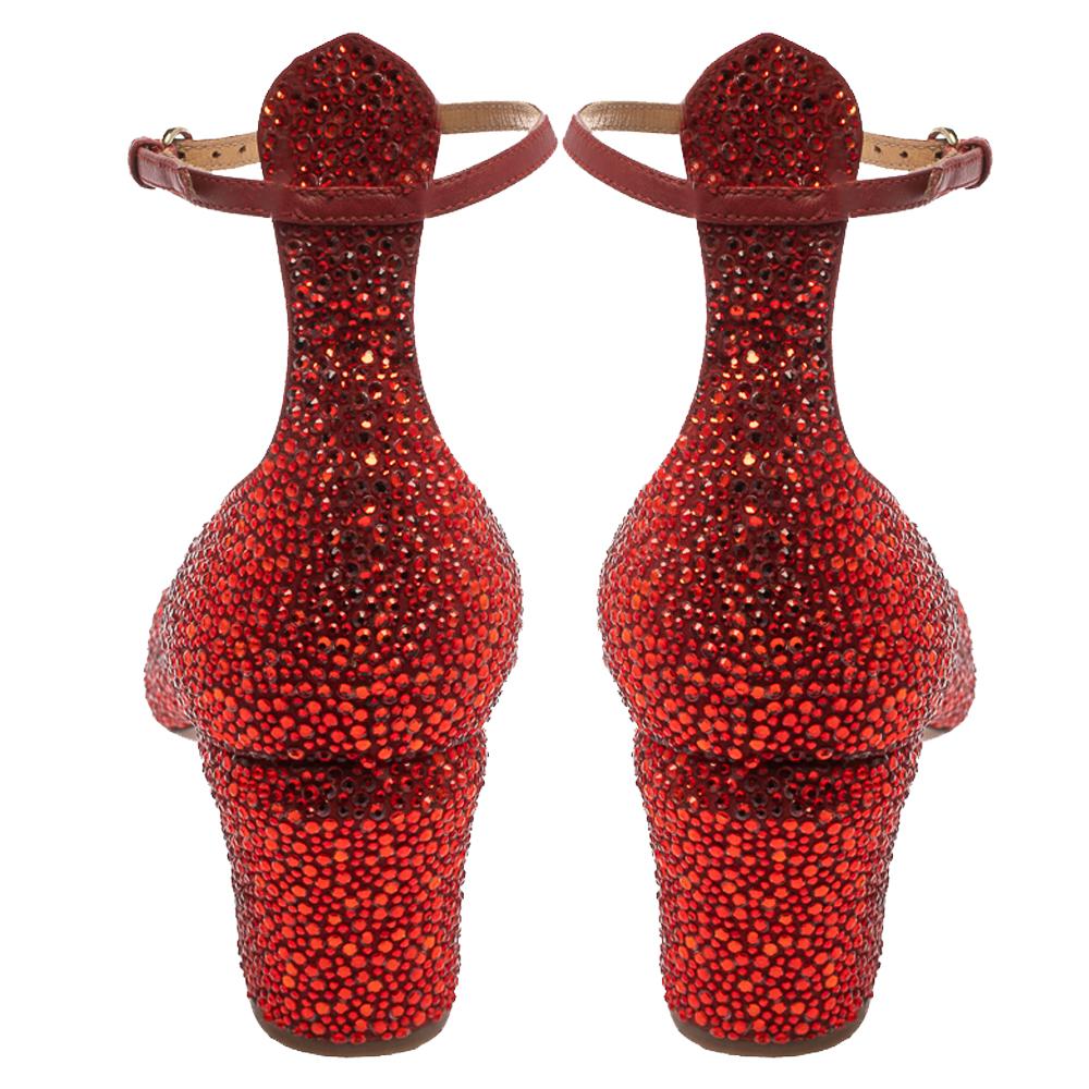 Valentino Red Crystal Embellished Suede Block Heel Ankle Strap Pumps ...
