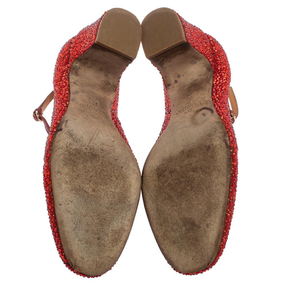 Valentino Red Crystal Embellished Suede Block Heel Ankle Strap Pumps ...