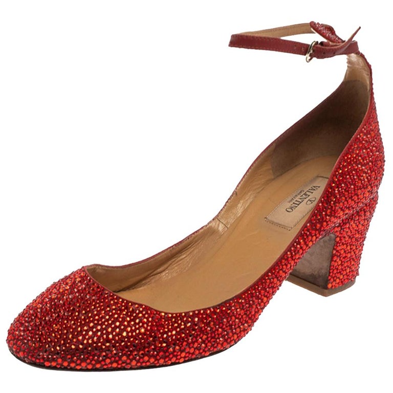 Valentino Red Crystal Embellished Suede Block Heel Ankle Strap Pumps ...