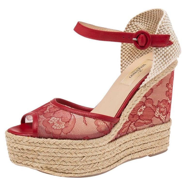 Valentino Red Lace And Mesh Espadrille Platform Wedge Sandals Size 38 ...