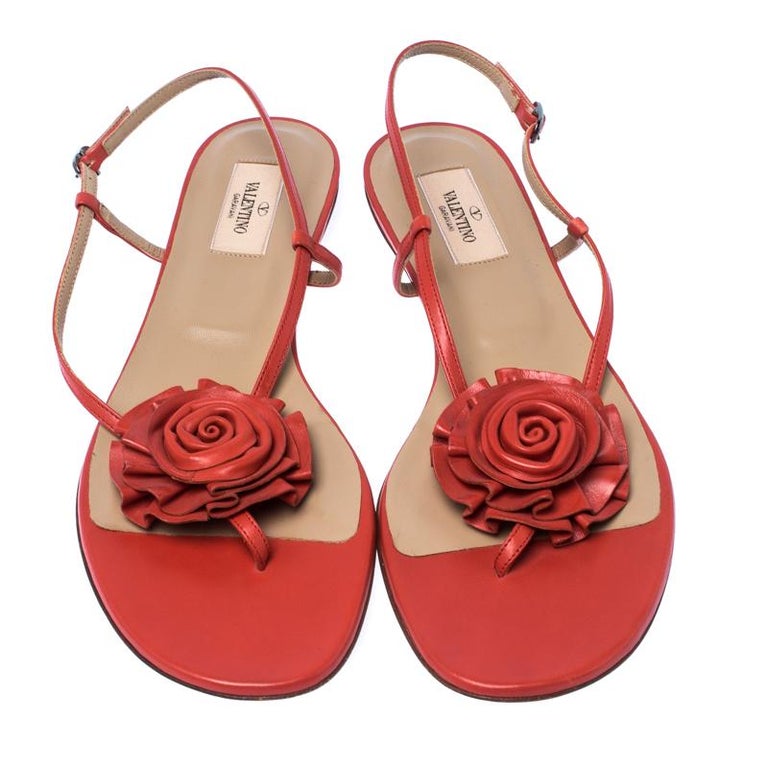 Valentino Red Leather Flower Flat Sandals Size 41 For Sale at 1stDibs ...