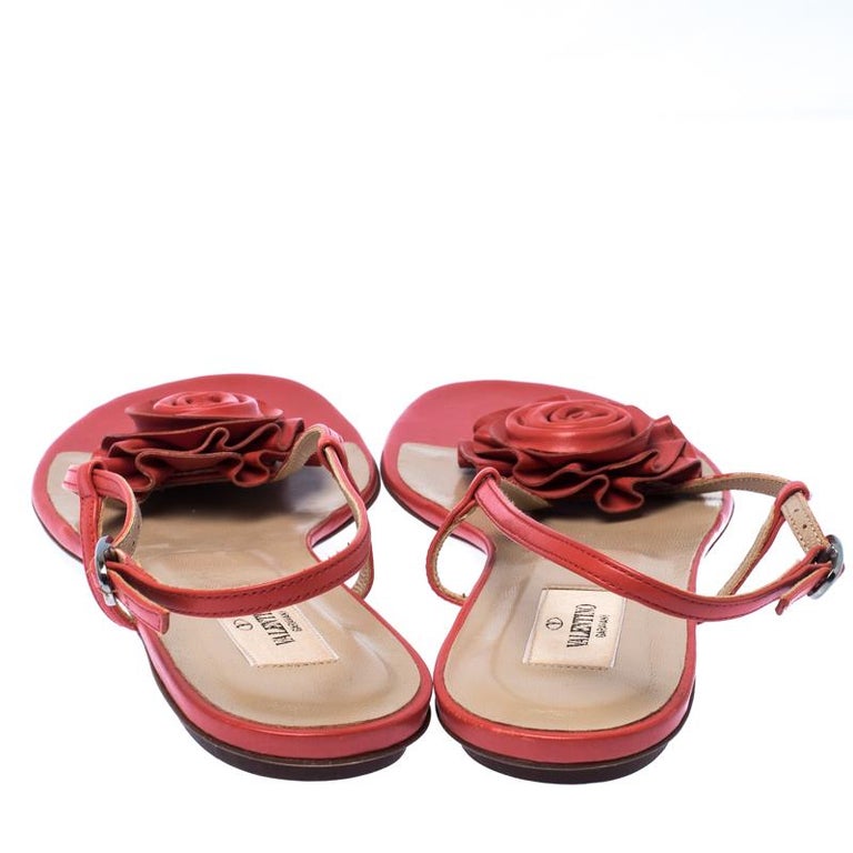 Valentino Red Leather Flower Flat Sandals Size 41 For Sale at 1stDibs ...