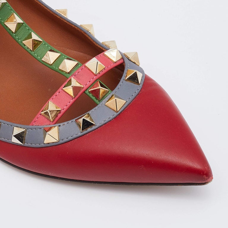 Valentino Red Leather Rockstud Ankle Strap Ballet Flats Size 37.5 For ...