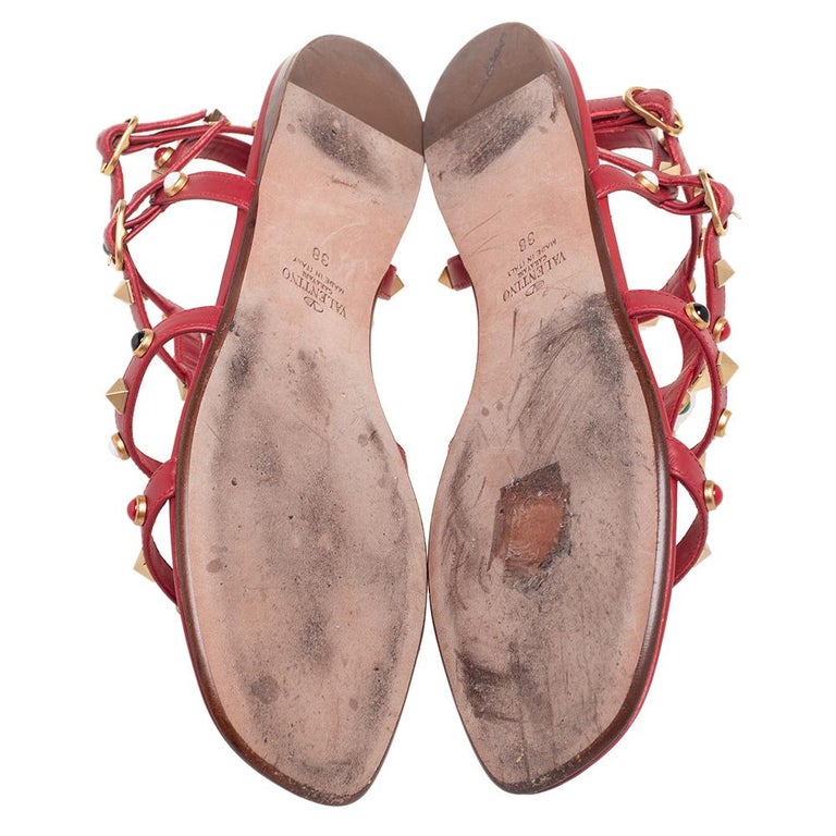 Valentino Red Leather Rolling Rockstud Flat Sandals Size 38 at 1stDibs ...