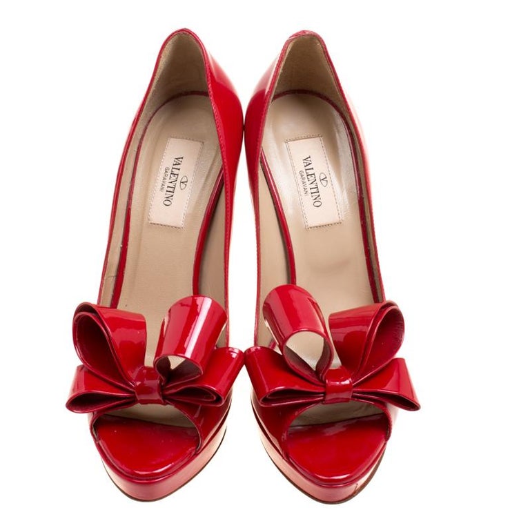 Valentino Red Patent Leather Couture Bow Peep Toe Platform Pumps Size ...