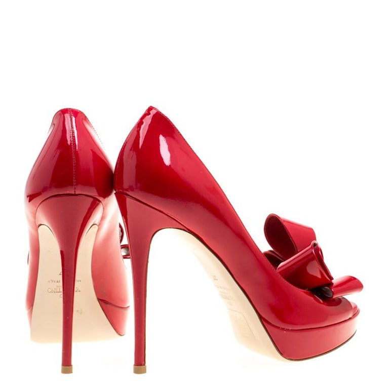 Valentino Red Patent Leather Couture Bow Peep Toe Platform Pumps Size ...