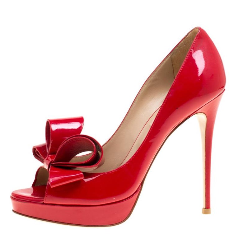 Valentino Red Patent Leather Couture Bow Peep Toe Platform Pumps Size ...