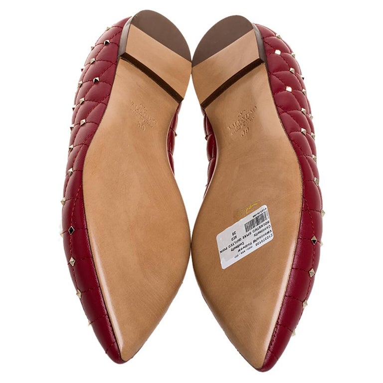 Valentino Red Quilted Leather Rockstud Spike Pointed Toe Ballet Flats ...