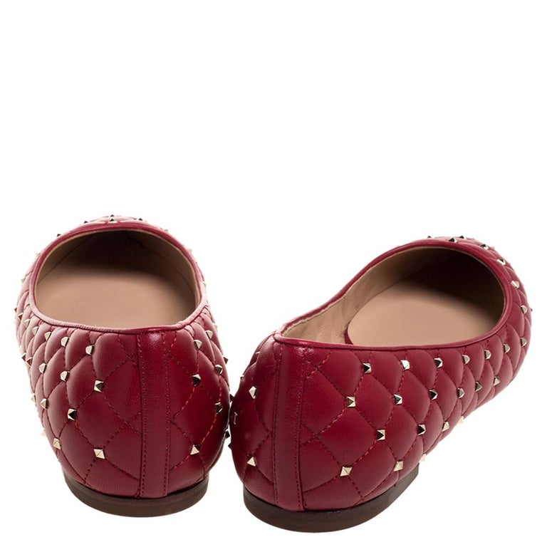 Valentino Red Quilted Leather Rockstud Spike Pointed Toe Ballet Flats ...