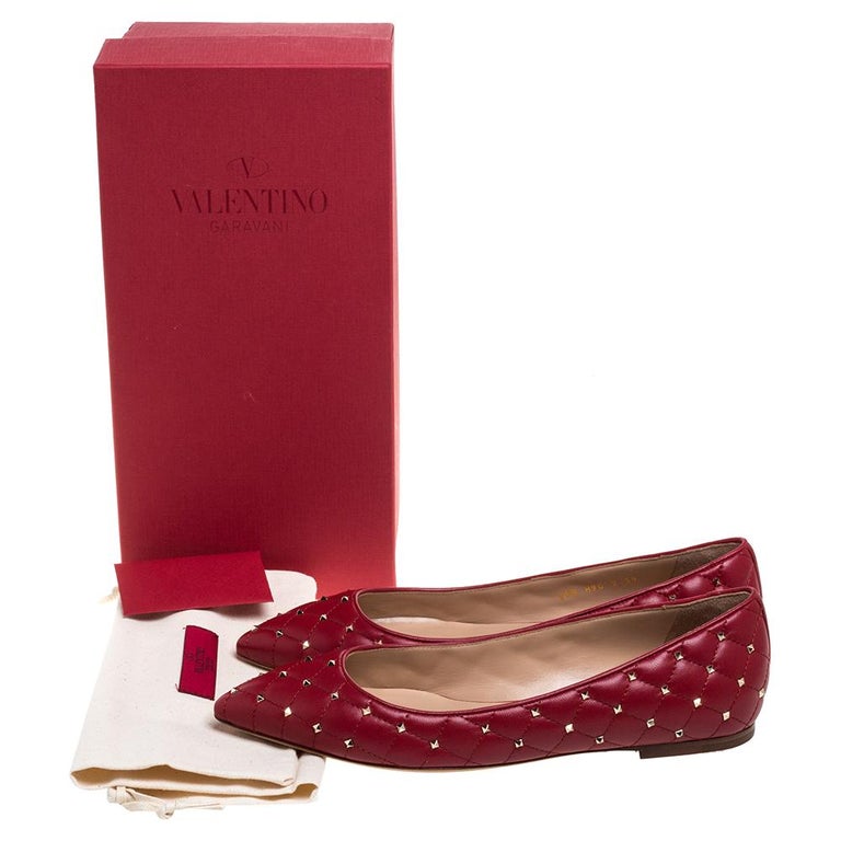 Valentino Red Quilted Leather Rockstud Spike Pointed Toe Ballet Flats ...