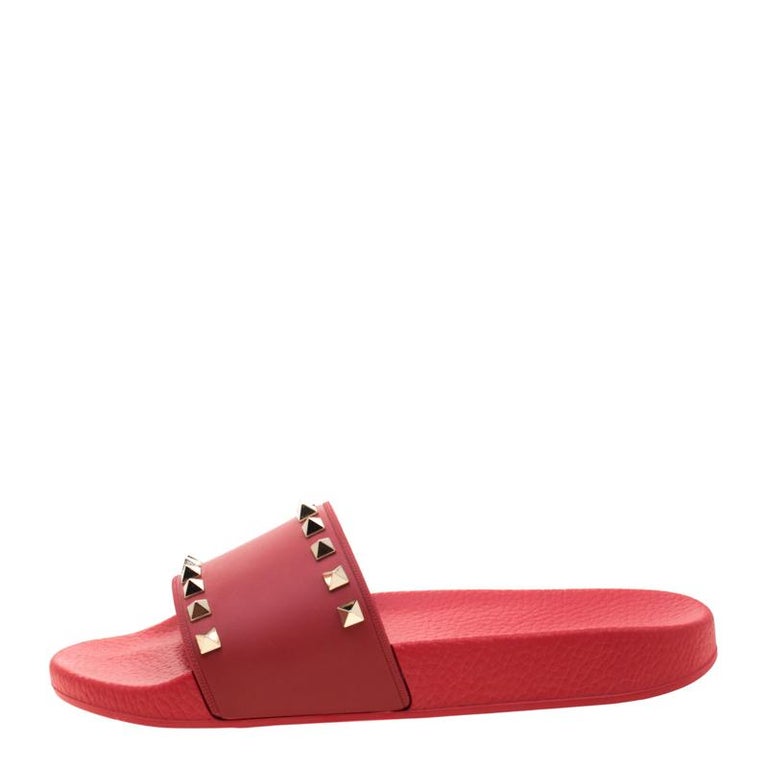 Valentino Red Rubber Rockstud Slide Sandals Size 38 For Sale at 1stDibs ...