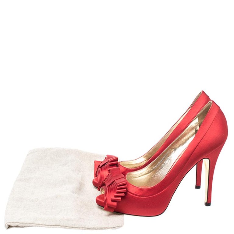 Valentino Red Satin Bow Detail Peep Toe Platform Pumps Size 40 For Sale ...