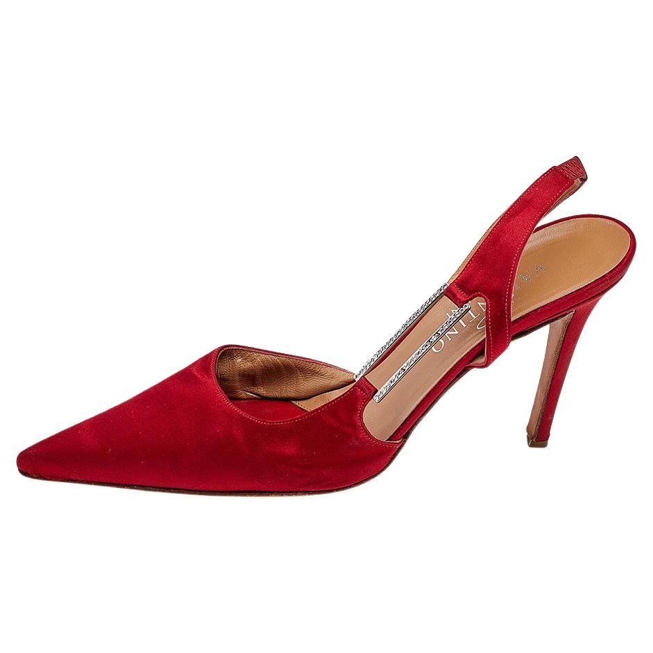 Valentino Red Satin Crystal Embellished Bow Dorsay Peep Toe Pumps Size ...