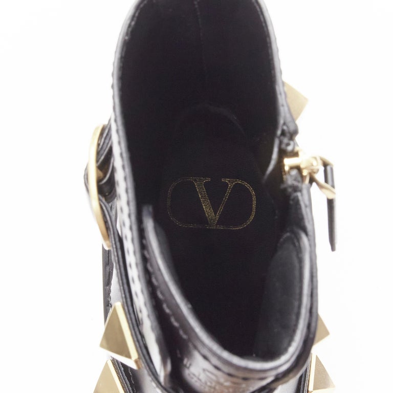 VALENTINO Roman Stud gold tone black leather chunky lug sole platform ...