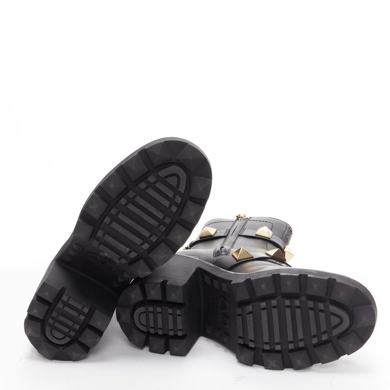 VALENTINO Roman Stud gold tone black leather chunky lug sole platform ...