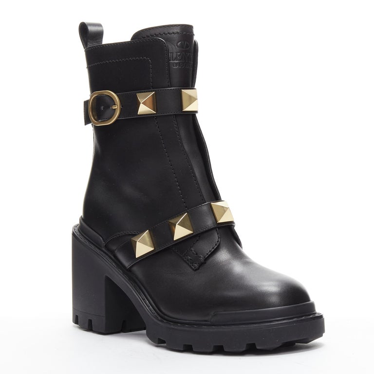 VALENTINO Roman Stud gold tone black leather chunky lug sole platform ...