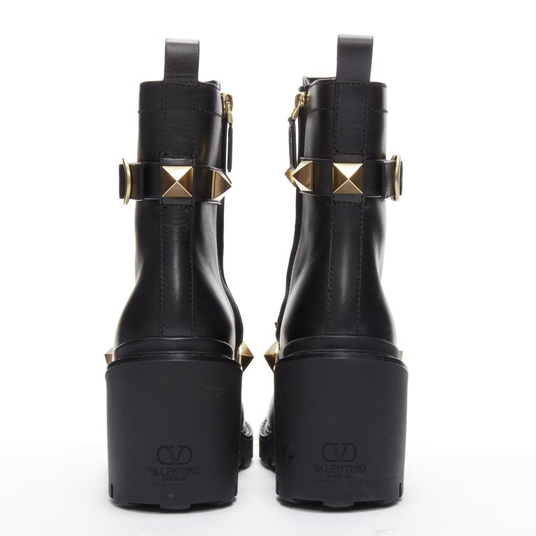 VALENTINO Roman Stud gold tone black leather chunky lug sole platform ...