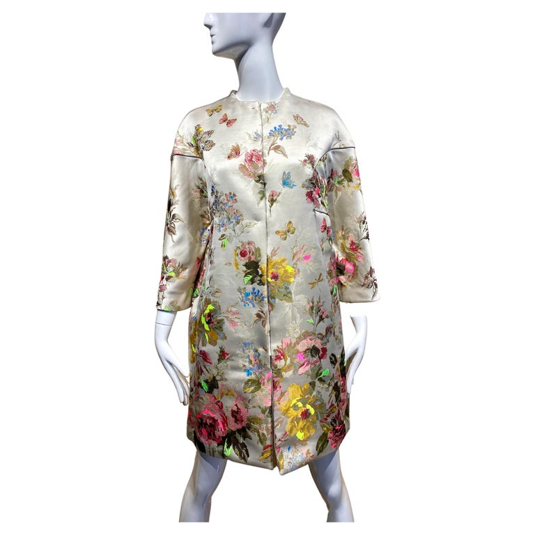 VALENTINO Silver Brocade Floral Print Coat For Sale at 1stDibs