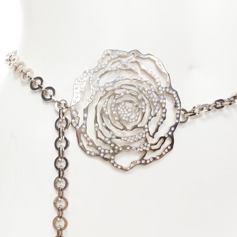 VALENTINO silver crystal embellished floral metal disk chain link belt ...