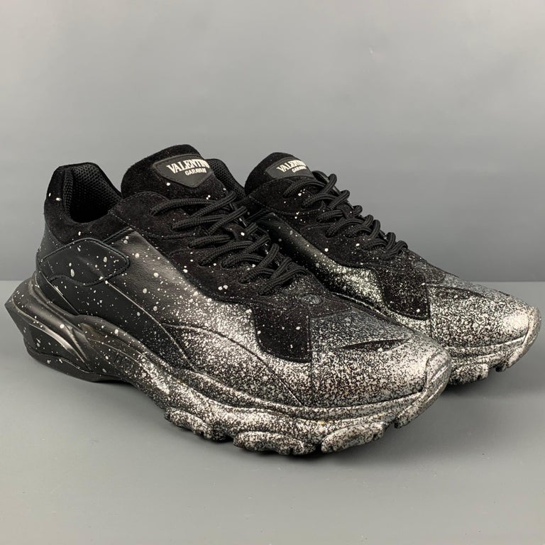 VALENTINO Size 10.5 Black Silver Paint Splatter Leather Bounce Sneakers ...