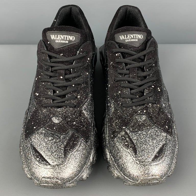 VALENTINO Size 10.5 Black Silver Paint Splatter Leather Bounce Sneakers ...