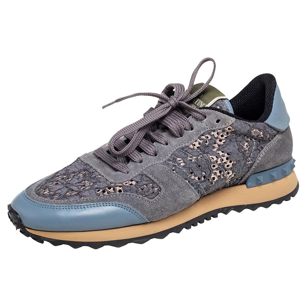 Valentino Slate Blue/Grey Lace and Suede Rockrunner Trainers Size 39 at ...