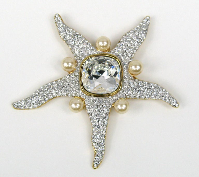 Valentino Starfish Brooch Crystal Pearl New Old Stock 1990s For Sale at ...