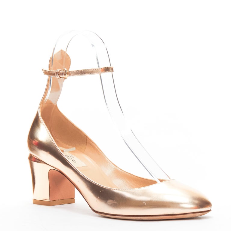 VALENTINO Tango metallic bronze leather ankle strap block heel pumps ...