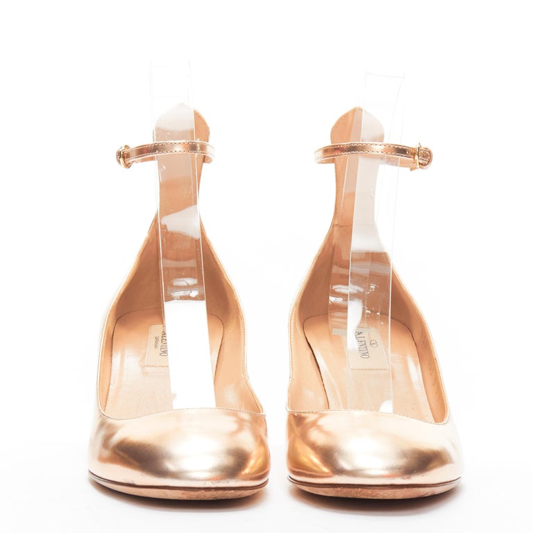 VALENTINO Tango metallic bronze leather ankle strap block heel pumps ...