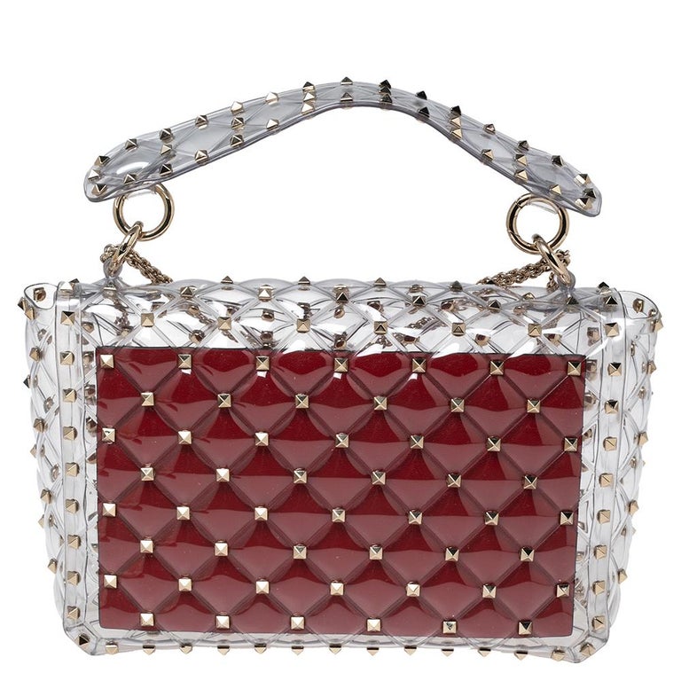 Valentino Transparent/Red PVC Medium Rockstud Spike Top Handle Bag at ...