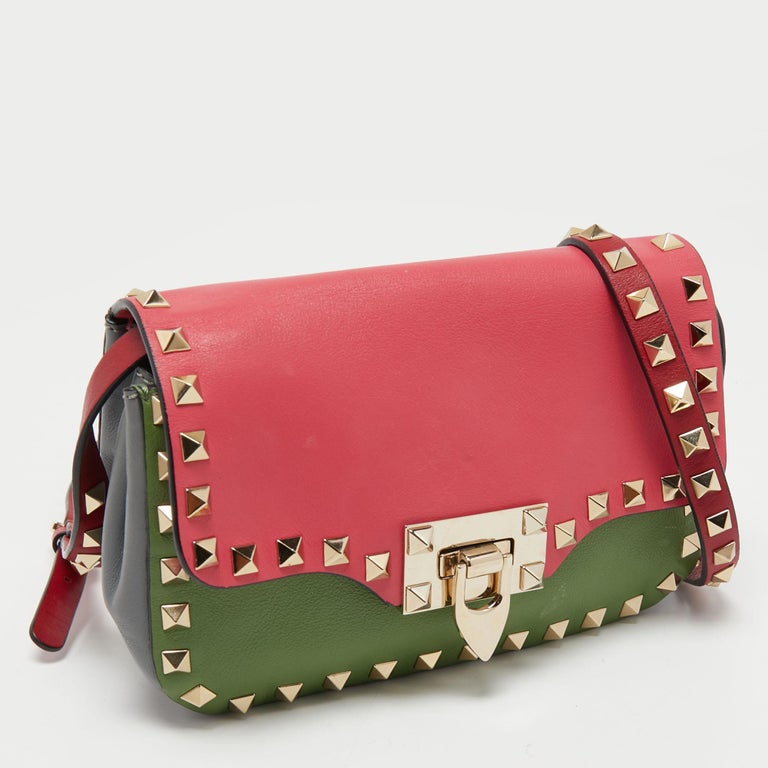 Valentino Tri Color Leather Rockstud Flip Lock Flap Shoulder Bag For ...