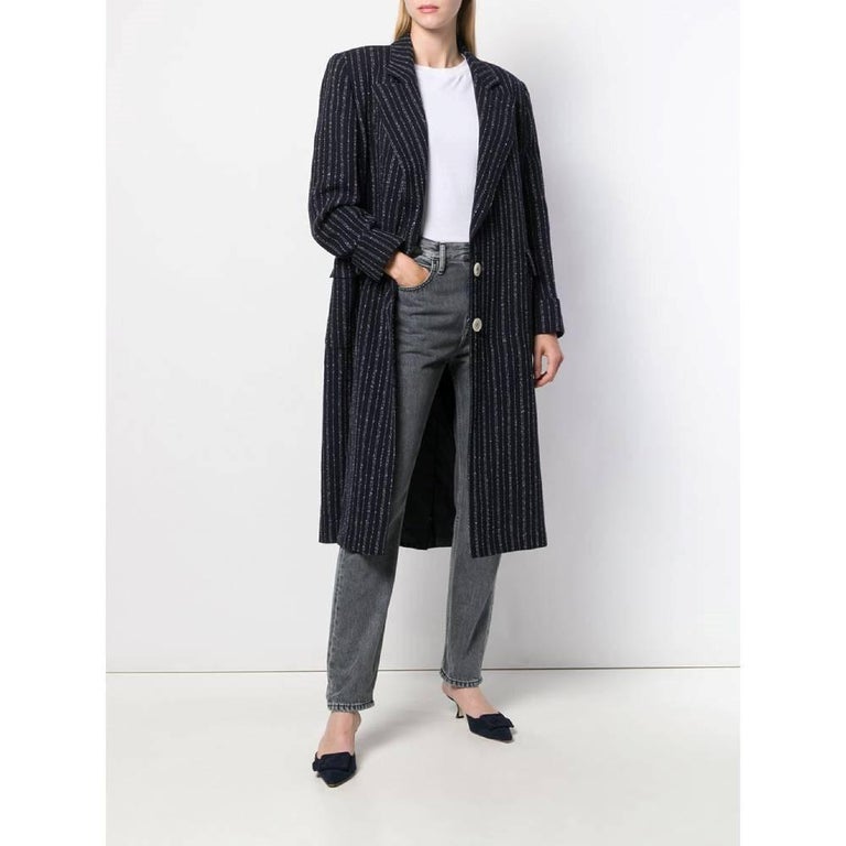 Valentino Vintage blue wool 80s coat with white stripes offset seam For ...