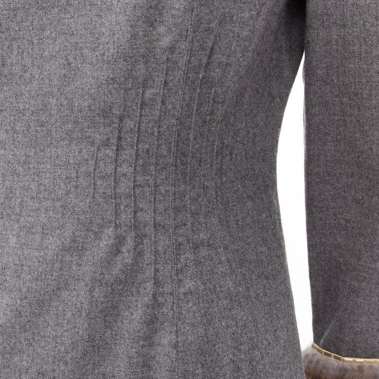 VALENTINO Vintage grey wool cashmere fur cuff pinched waist dress US8 M ...
