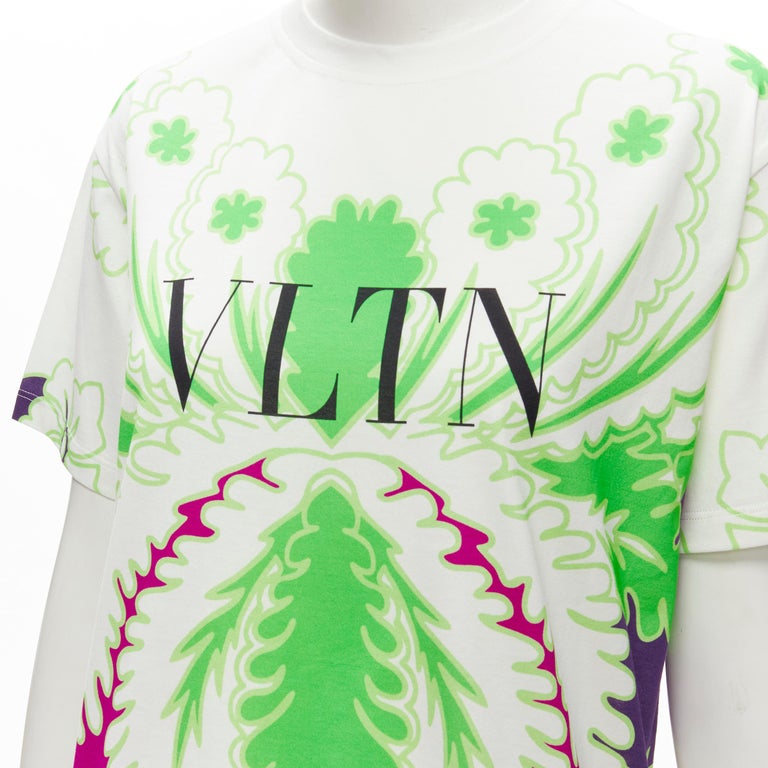 VALENTINO VLTN white neon green purple floral print cotton tshirt XS ...