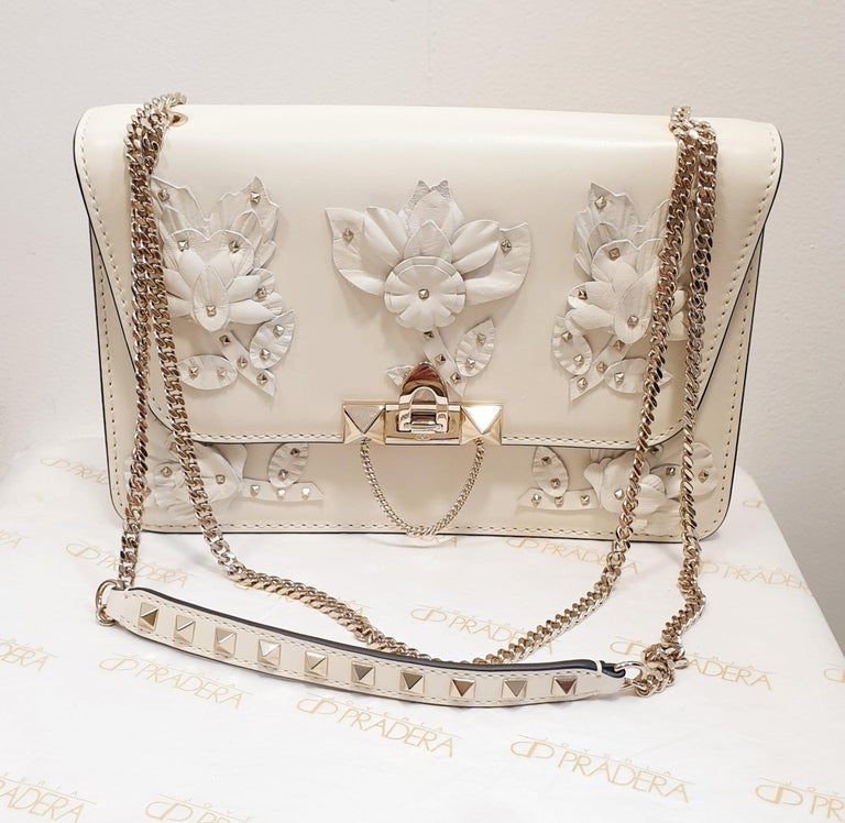 VALENTINO white beige leather FLOWER Flap Shoulder Bag at 1stDibs