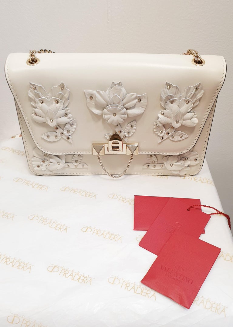 VALENTINO white beige leather FLOWER Flap Shoulder Bag at 1stDibs